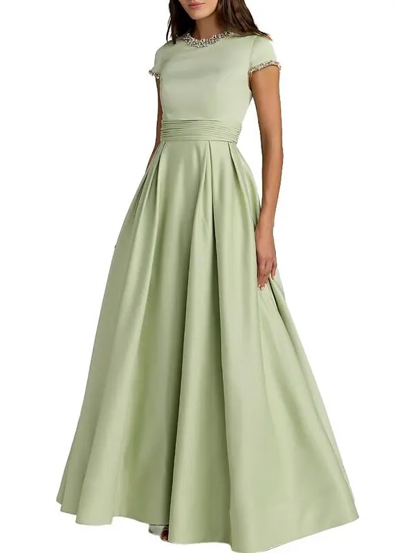 Mac Duggal Embellished Cap Sleeve Satin Ball Gown - Sage