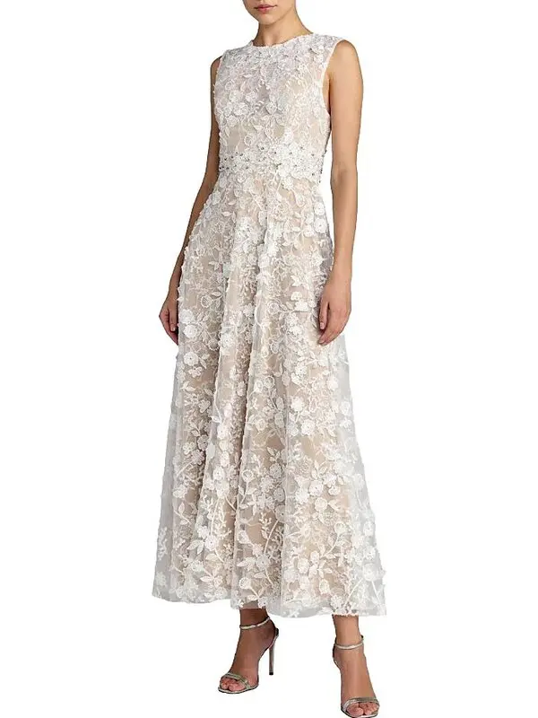 Mac Duggal Floral Embroidered High Neck Midi Dress - Ivory Nude