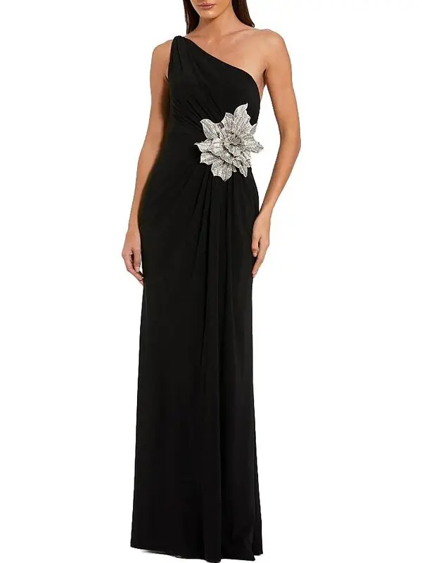 Mac Duggal Jersey One-shoulder Gown With Rhinestone Floral Accent - Black