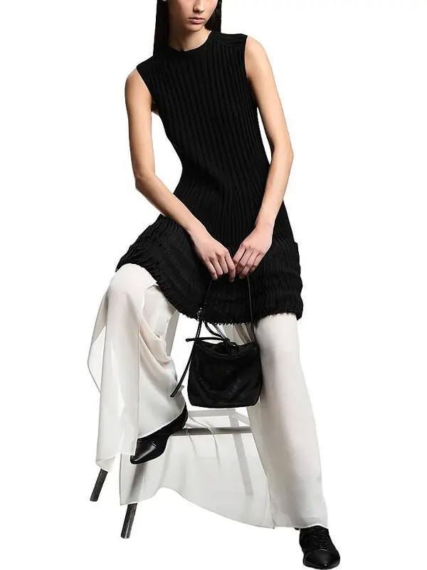 Emporio Armani Ribbed Ruffled Hem Dress - Solid Black