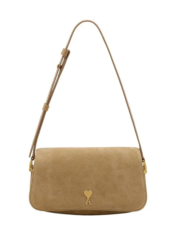 Ami Suede Shoulder Bag With Logo On The Front - Beige