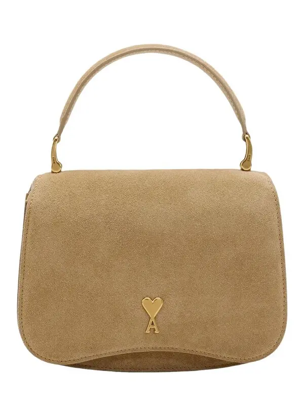 Ami Suede Crossbody Bag With Metal Logo On The Front - Beige
