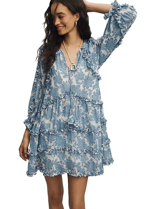 Anthropologie Long-sleeve Ruffle Mini Dress - Blue Floral