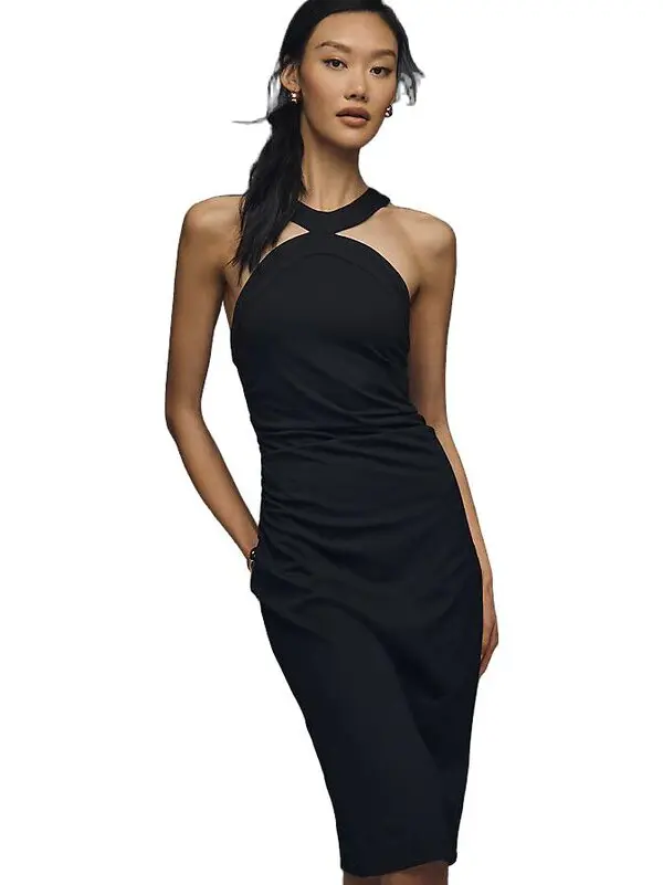Maeve Halter Slim Knit Midi Dress - Black
