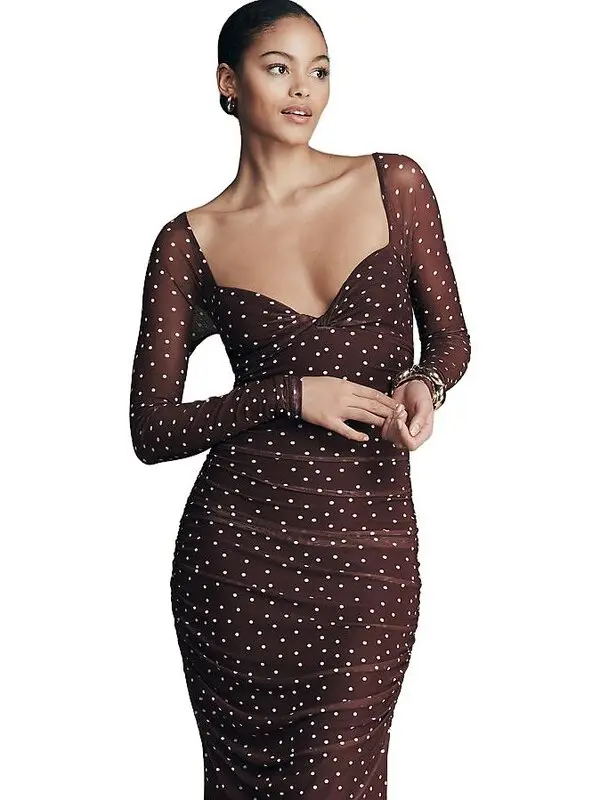 Maeve Sweetheart Mesh Midi Dress - Brown Dot