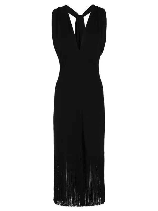 FERRAGAMO Plunging Sleeveless Fringe-hem Midi Dress - Black