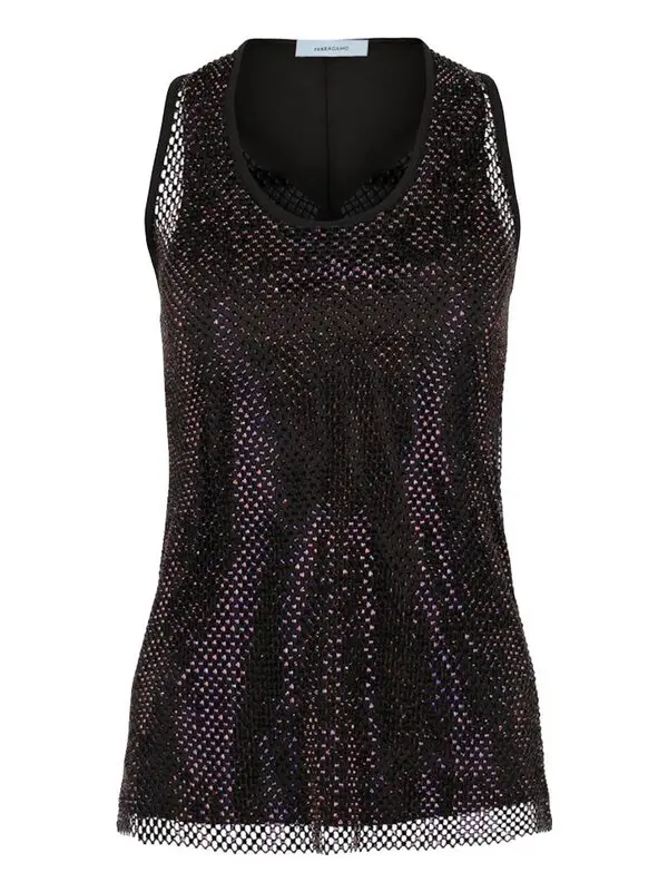 FERRAGAMO Crystal Embellished Mesh Tank Top - Dark Brown