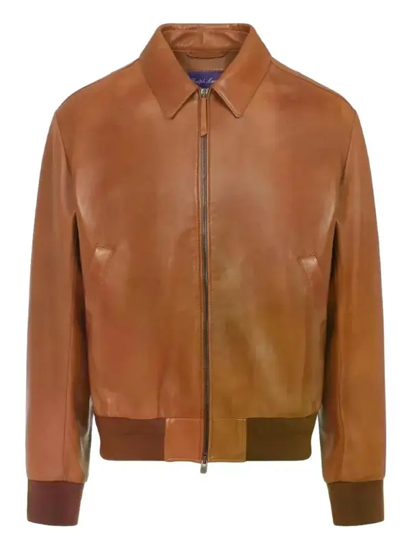 Ralph Lauren Purple Label Ribbed Leather Bomber Jacket - Brown