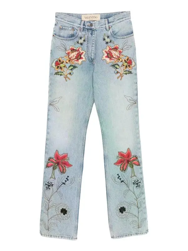 Valentino Garavani Floral-embroidery Straight Leg Jeans - Blue