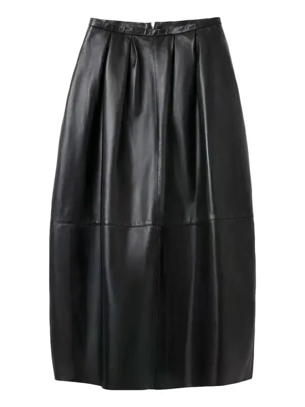HOUSE OF DAGMAR Curved Leather Midi Skirt - Black