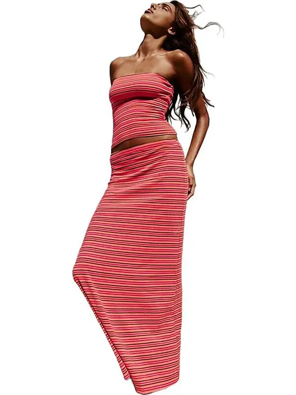 Free People Striped Tube Top And Maxi Skirt Set - Coral Combo