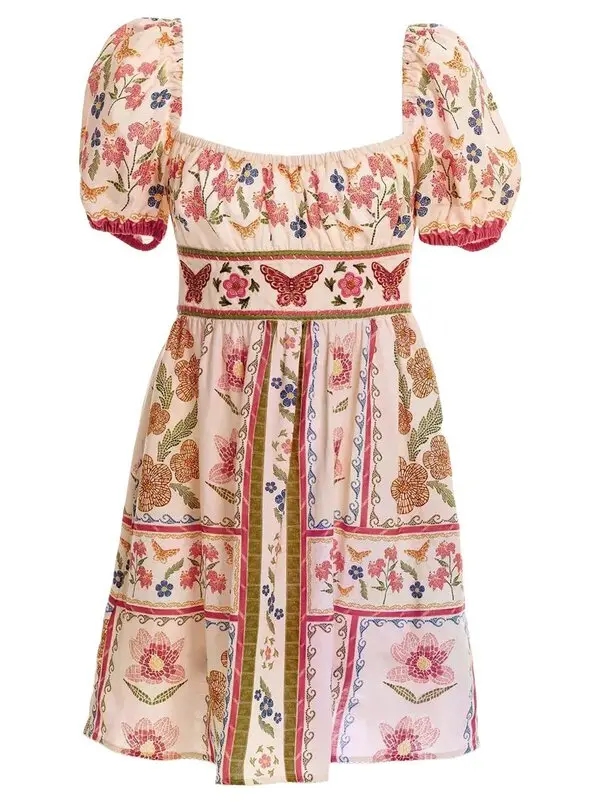 Agua Bendita Puff-sleeve Floral-print Dress - Neutrals