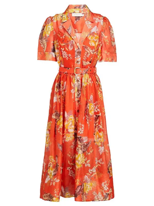 Zimmermann Belted Floral-print Linen And Silk-blend Gauze Midi Shirt Dress - Orange