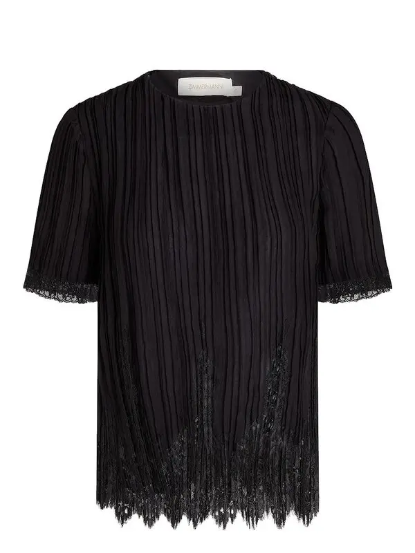 Zimmermann Plissé Crepe De Chine And Lace Top - Black