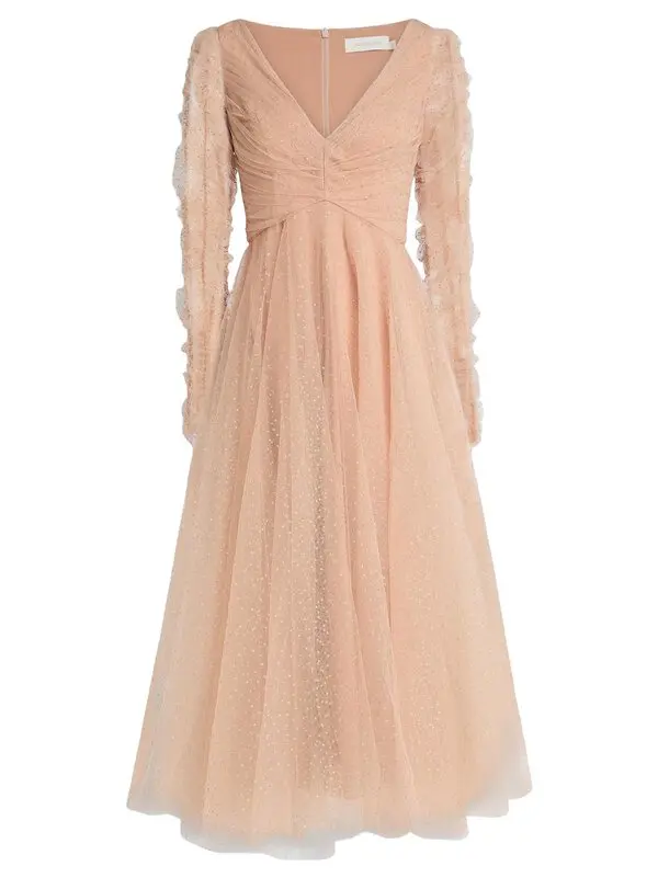 Zimmermann Ruched Glittered Tulle Midi Dress - Blush