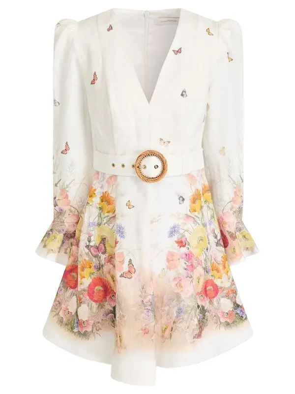 Zimmermann Belted Floral-print Linen Mini Dress - White