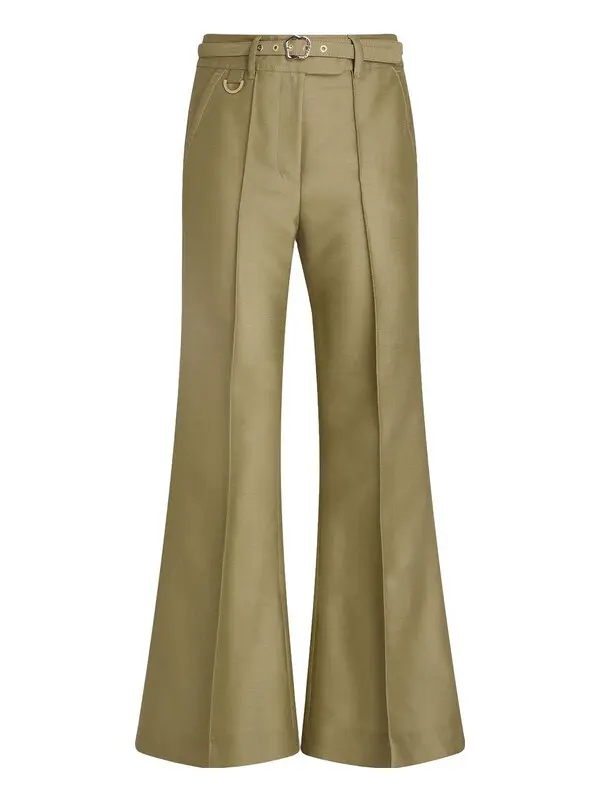 Zimmermann Belted Wool And Silk-blend Flared Pants - Army Green