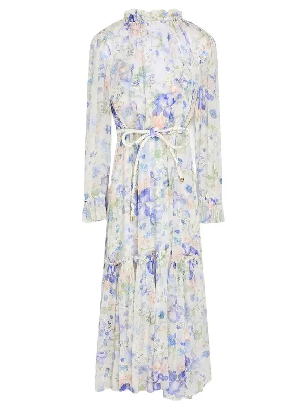 Zimmermann Floral-print Crepon Midi Dress With Ruffled Trims - Cobalt Blue