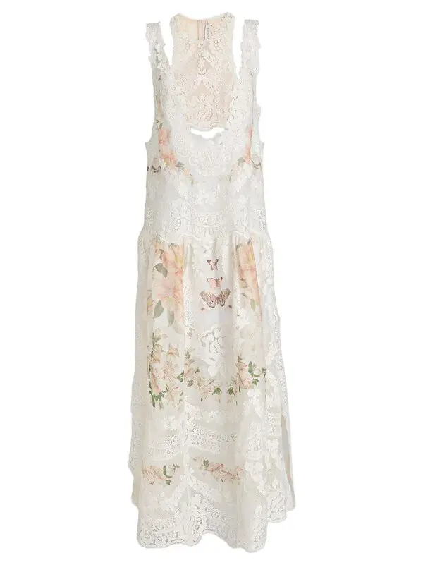 Zimmermann Lace-paneled Printed Linen And Silk-blend Organza Maxi Dress - Ecru