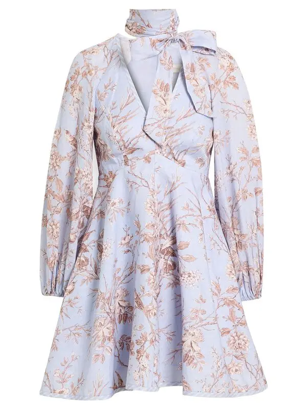 Zimmermann Floral-print Linen Mini Dress With Detachable Necktie - Lilac