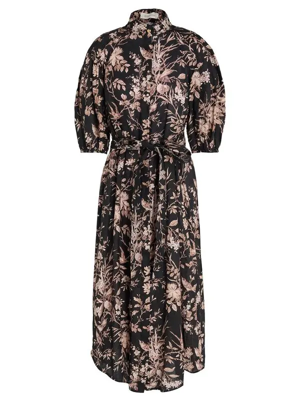 Zimmermann Belted Floral-print Linen Midi Shirt Dress - Black