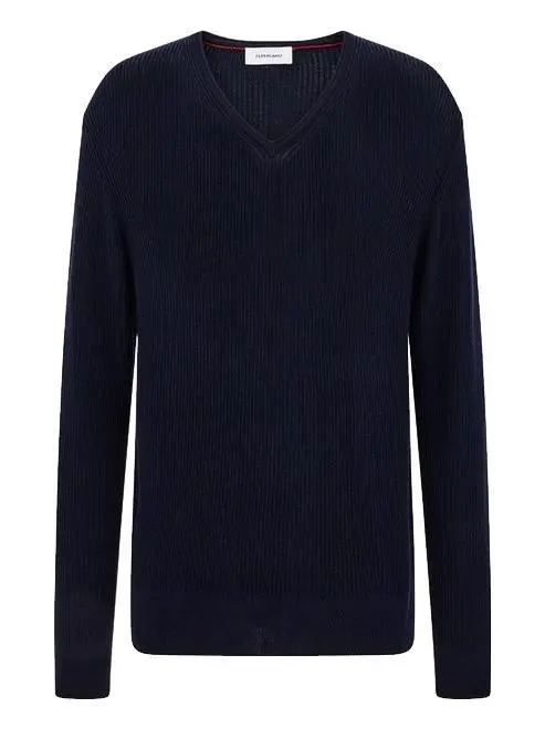 FERRAGAMO V-neck Cotton-viscose Blend Sweater - Navy