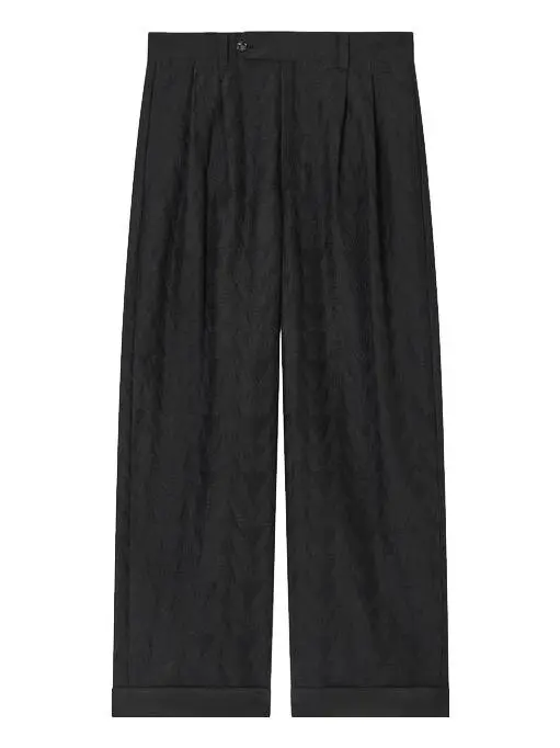 Giorgio Armani Linen Blend Trousers With Pleats And Chevron Embroidery - Black