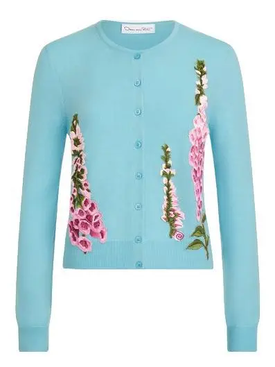 Oscar De La Renta Foxglove Threadwork Wool Cardigan - Natural