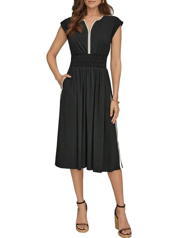 DONNA KARAN WEEKEND Cap-sleeve Piped Midi A-line Dress - Black/cream