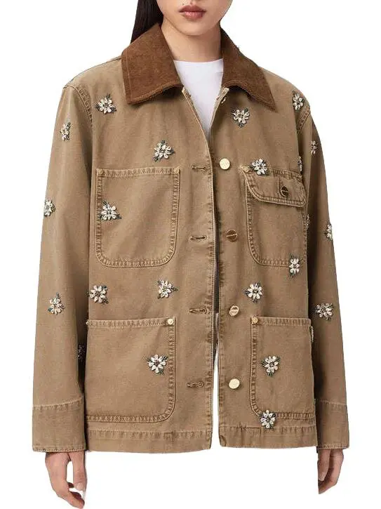 ALLSAINTS Bex Embroidered Denim Jacket - Vintage Sand Brown