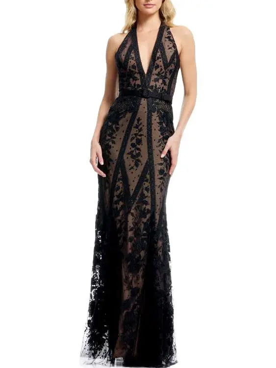 Dress The Population Devin Embroidered Lace Halter Gown - Black/nude