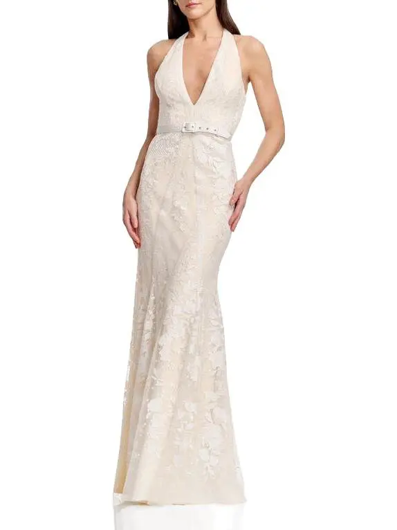 Dress The Population Devin Embroidered Lace Halter Gown - Off White