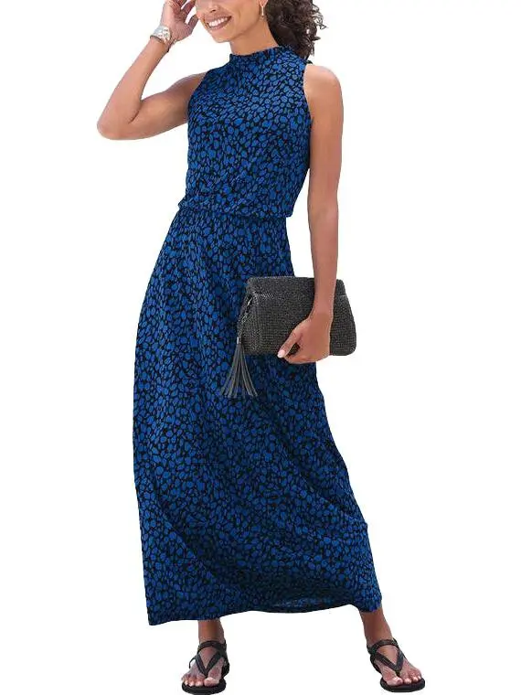 LASCANA High Neck Ruffled Maxi Dress - Blue-printed