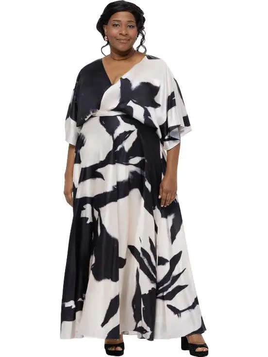 SYDNEY'S CLOSET V-neck Abstract Print Maxi Gown - Cream/black