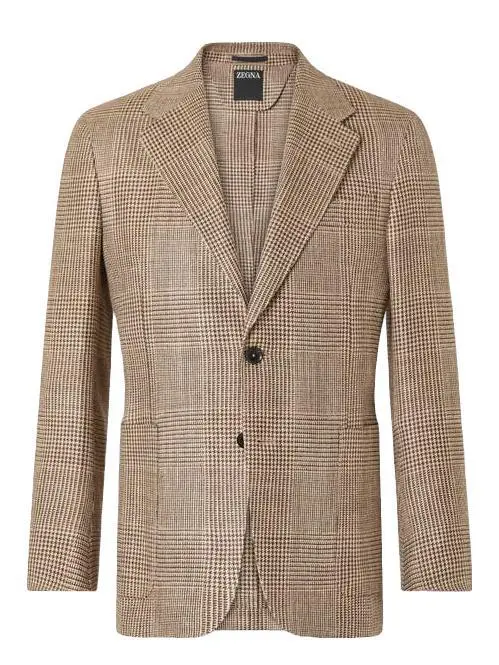 Zegna Prince Of Wales Plaid Silk Sport Coat - Beige And Dark Brown