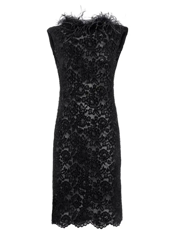 DES_PHEMMES Feather-trimmed Lace Midi Dress - Black