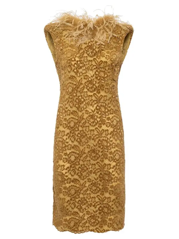 DES_PHEMMES Feather-trimmed Lace Midi Dress - Olive