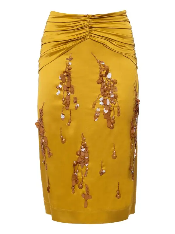 DES_PHEMMES Embellished Ruched Midi Skirt - Gold