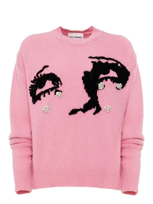 DES_PHEMMES Embroidered Wool-blend Sweater - Pink