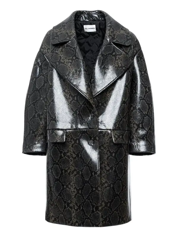 DES_PHEMMES Snake-embossed Overcoat - Dark Green