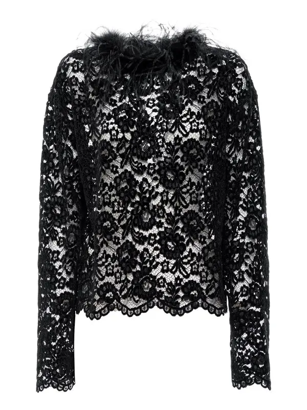 DES_PHEMMES Feather-trimmed Lace Top - Black