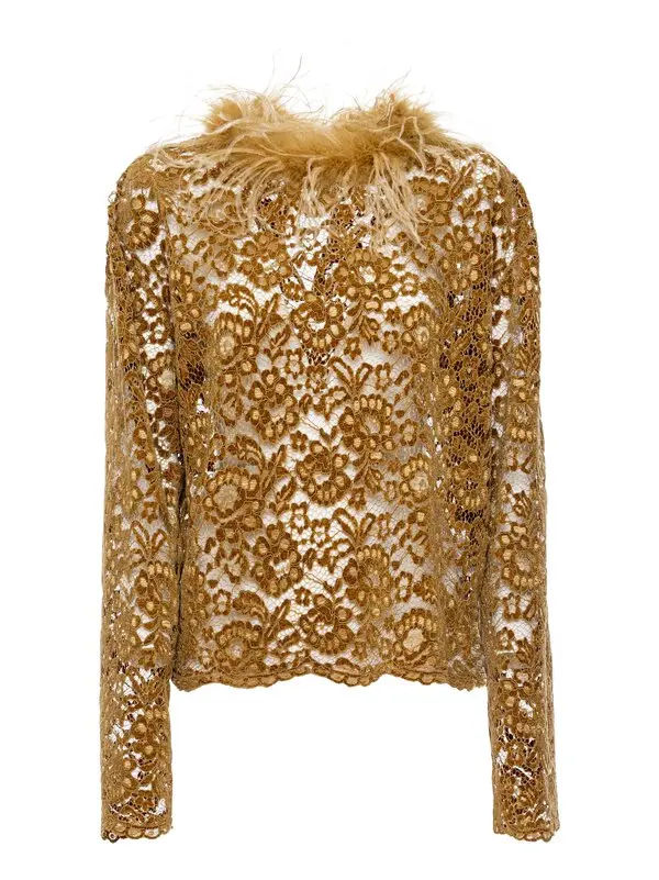 DES_PHEMMES Feather-trimmed Lace Top - Olive