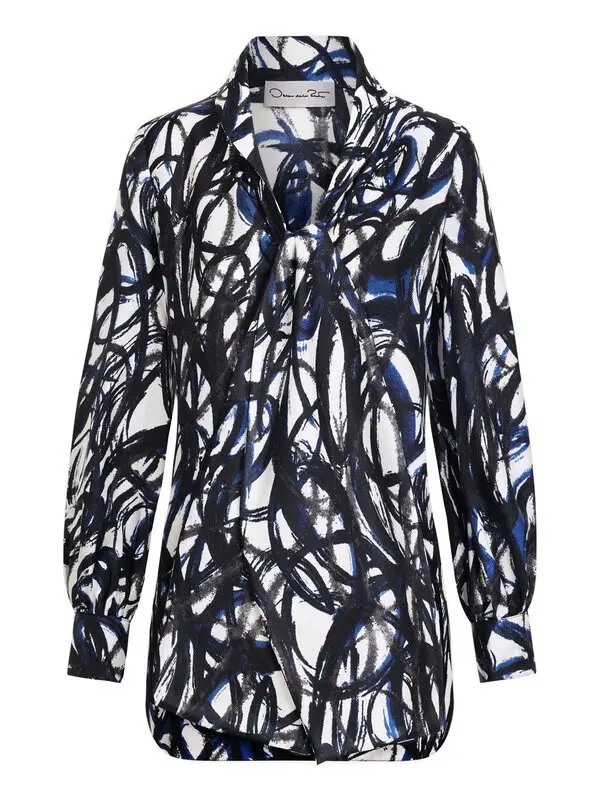 Oscar De La Renta Abstract Sketch Silk Twill Blouse - Blue
