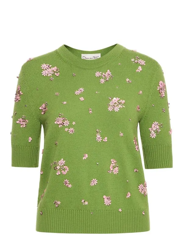 Oscar De La Renta Crystal Cluster Embroidered Pullover - Green