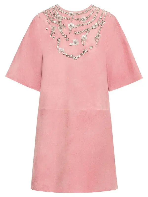 Oscar De La Renta Crystal Embroidered Suede Shift Dress - Pink