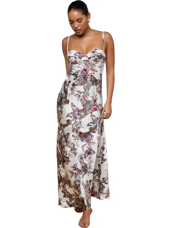 L'Agence Sayla Silk Gown - White Multi Large Butterfly Jungle