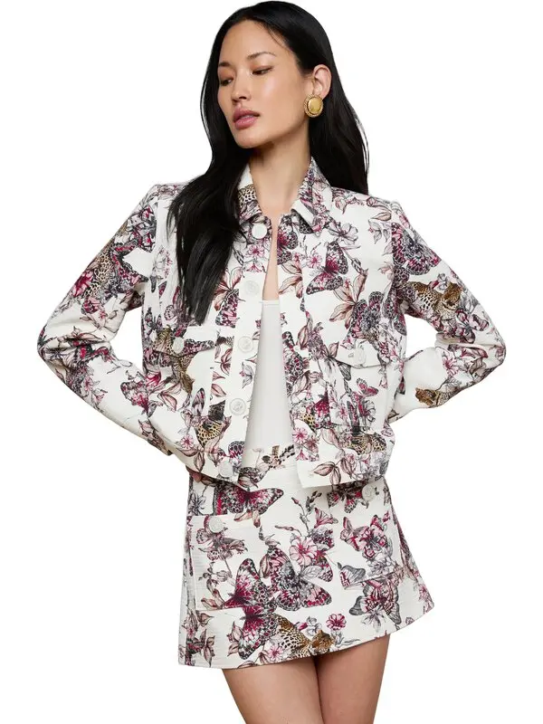 L'Agence Nyx Cropped Jacket - White Multi Large Butterfly Jungle