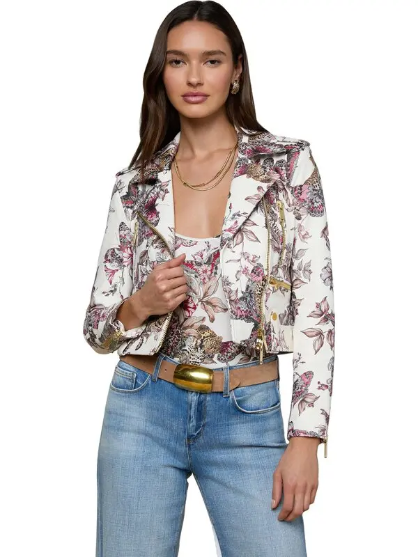 L'Agence Blakely Printed Leather Biker Jacket - White Multi Small Butterfly Jungle
