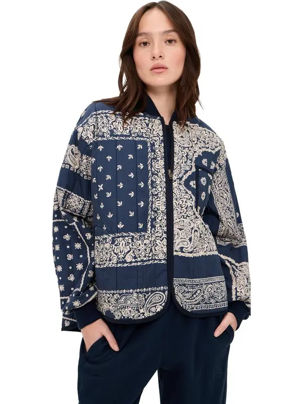 The Great. The Quilted Bomber Jacket - Navy Bandana Print