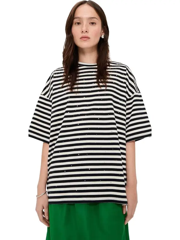 Essentiel Antwerp Striped Jersey T-shirt With Rhinestone Embellishments - Combo3 Off White